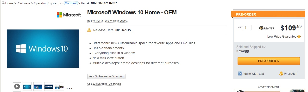 Windows 10 pricing & release date revealed via Newegg pre-order listing ...